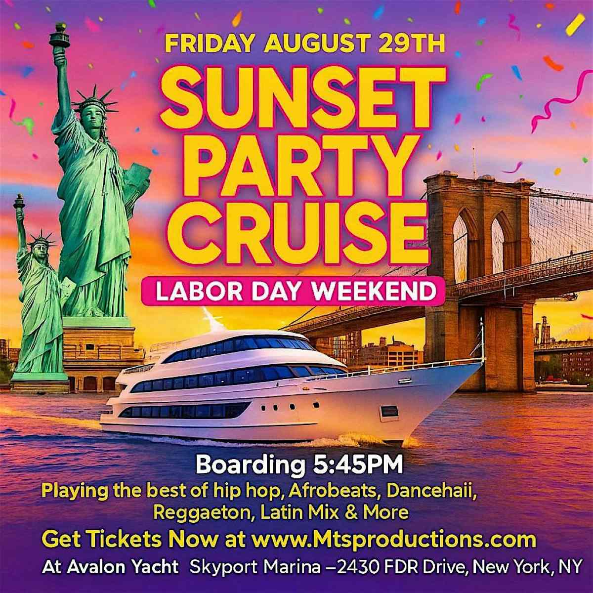 Sunset Party Cruise NYC Friday, Aug 29th Labor Day Weekend at Avalon ...